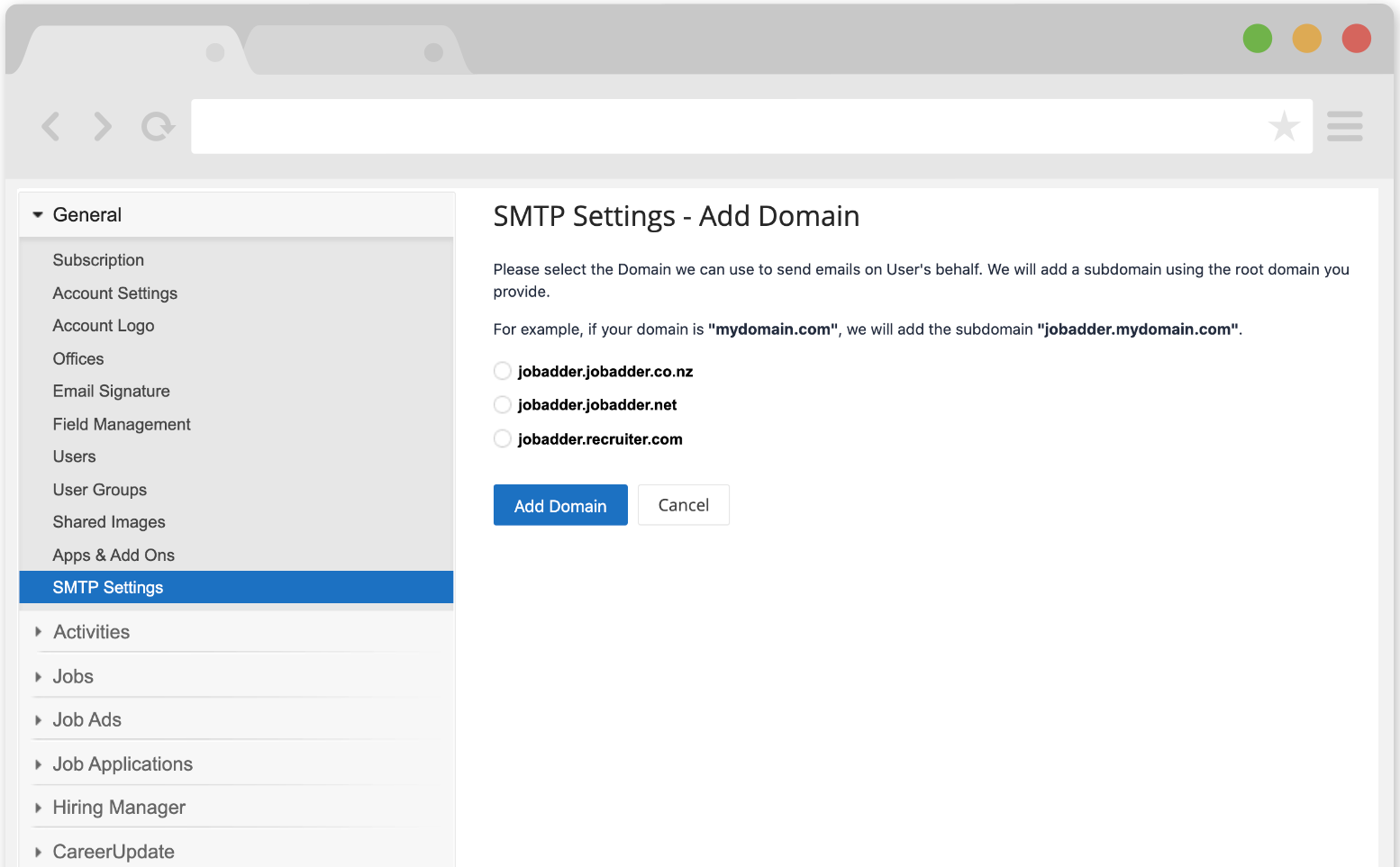 Domain Verification Workflow (SMTP Settings) – JobAdder Partner Support Centre
